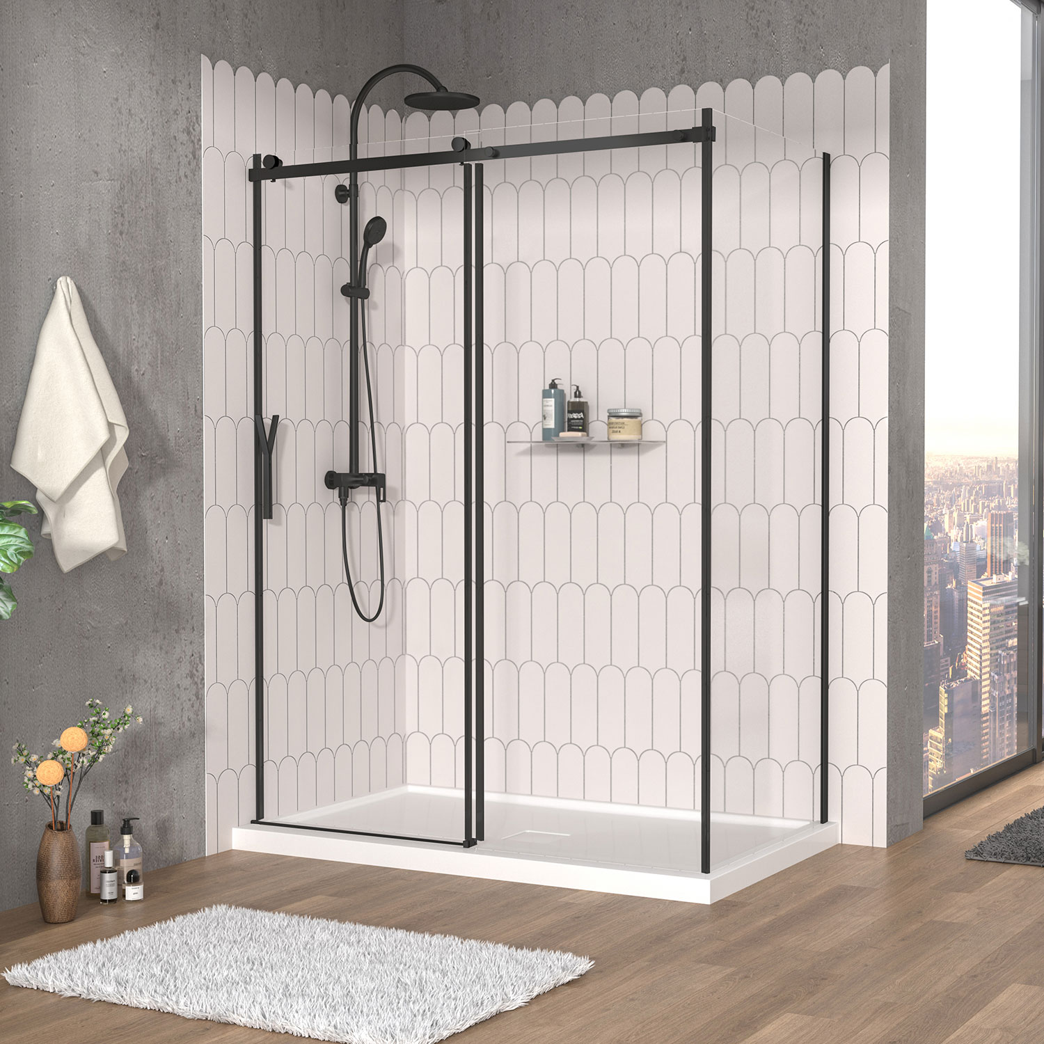 Shower door 60" x 36", in a corner closing on wall, wall on the left, door on the left, in matte ...